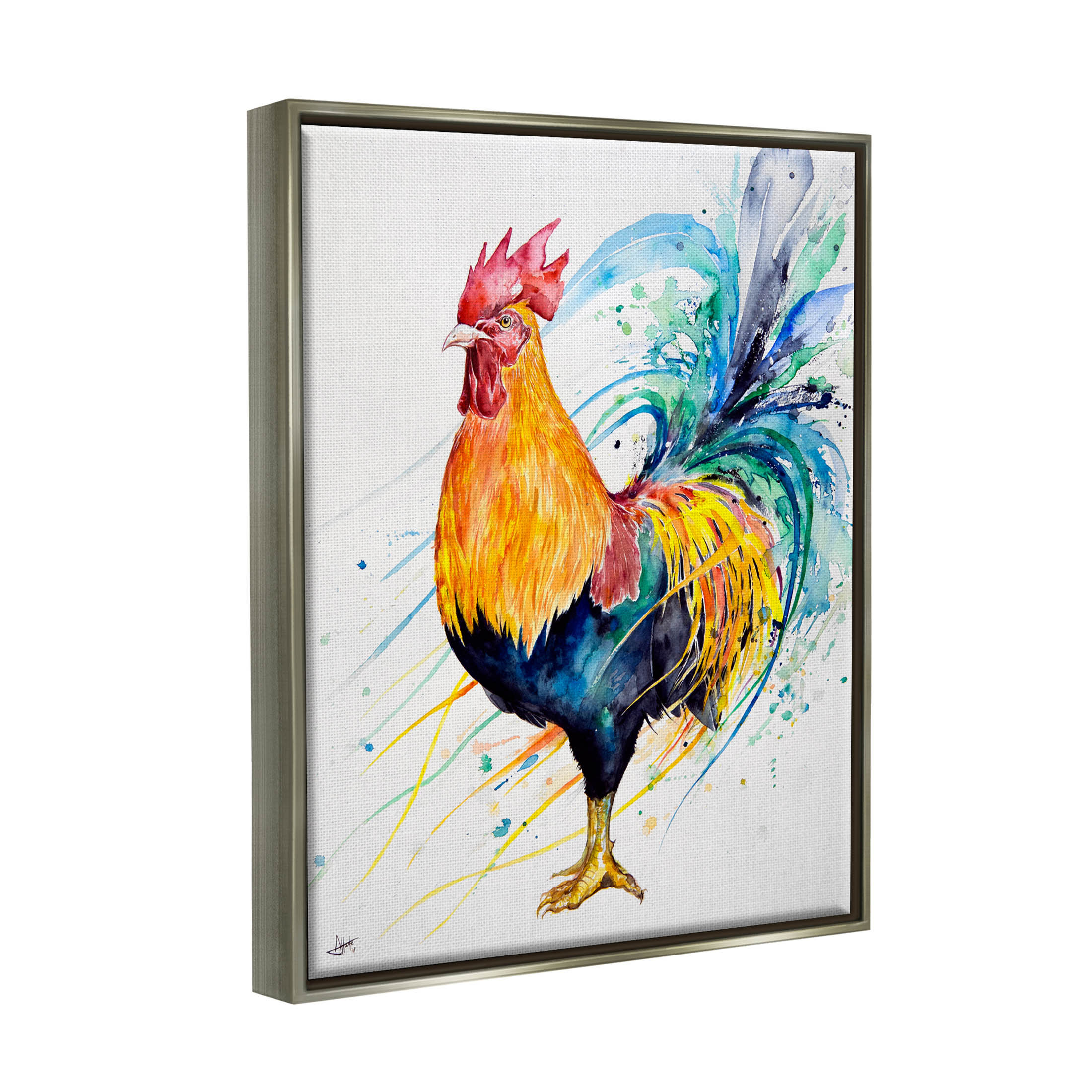 August Grove® Modern Rooster Rainbow Splatter by Marc Allante - Floater Frame Painting on Canvas ...